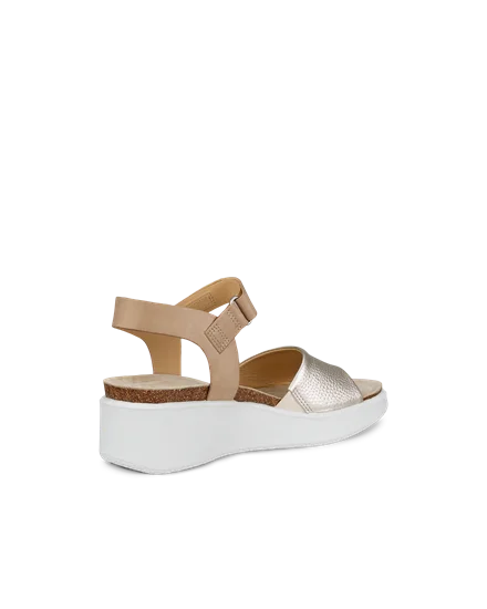 Womens Ecco® Flowt Leather Cork Heeled Wedge Sandal Gold