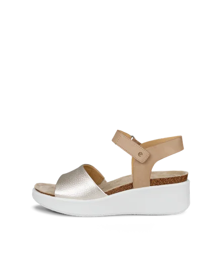Womens Ecco® Flowt Leather Cork Heeled Wedge Sandal Gold